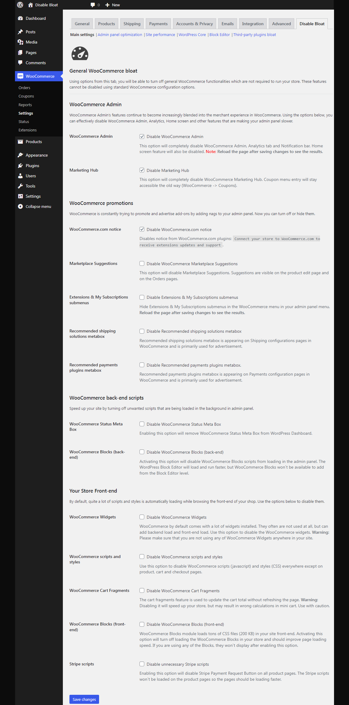 Disable Bloat For Wordpress And Woocommerce